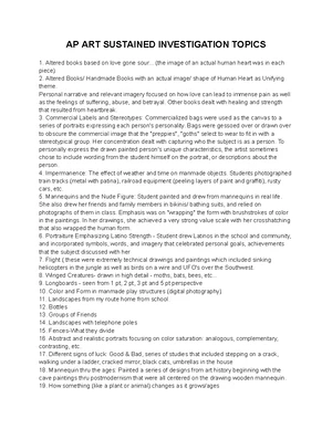 Exploring 200+ SUSTAINED INVESTIGATION Topics in Art - Studocu