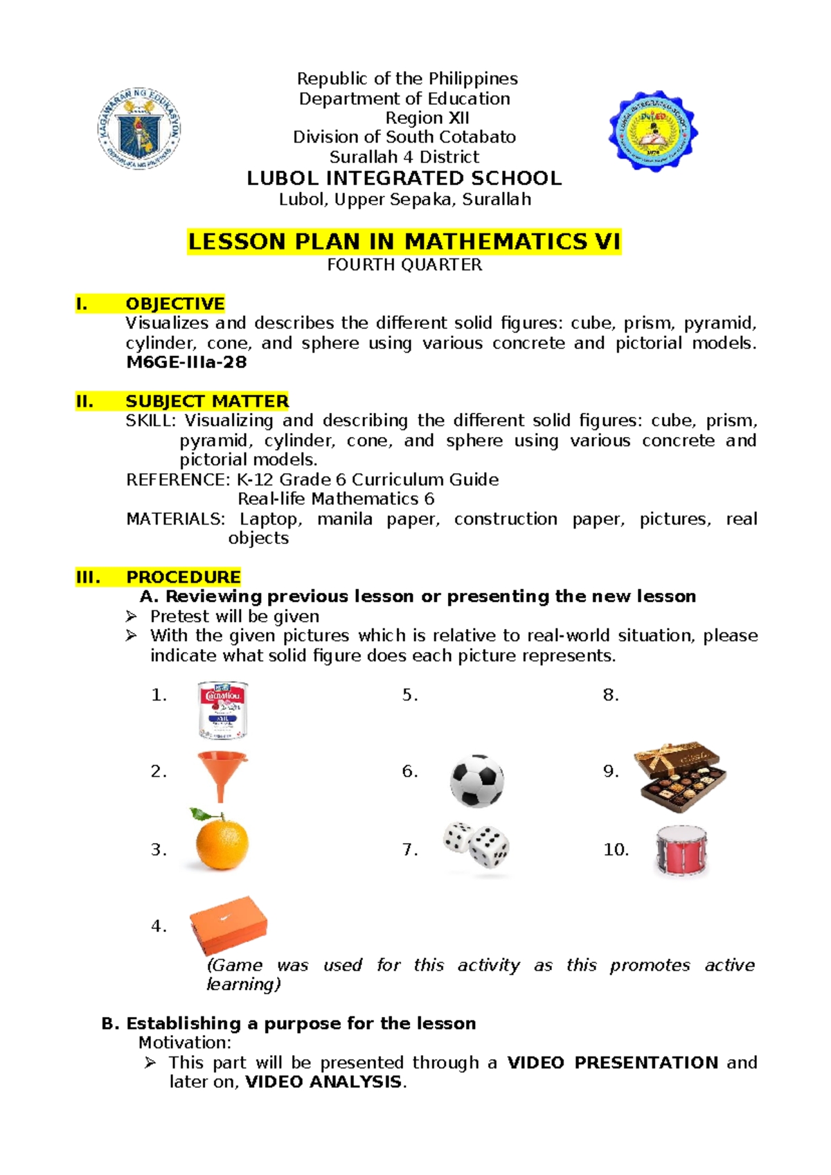 Mathematics VI Lesson Plan: Solid Figures Exploration (4th Quarter) - Studocu