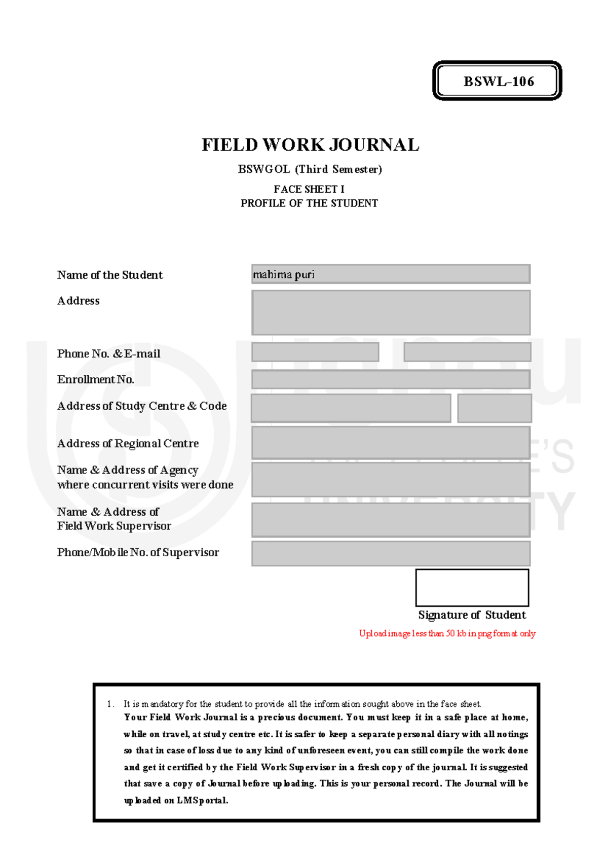 BSWGOL Third Semester Field Work Journal: Guidelines & Reports - Studocu