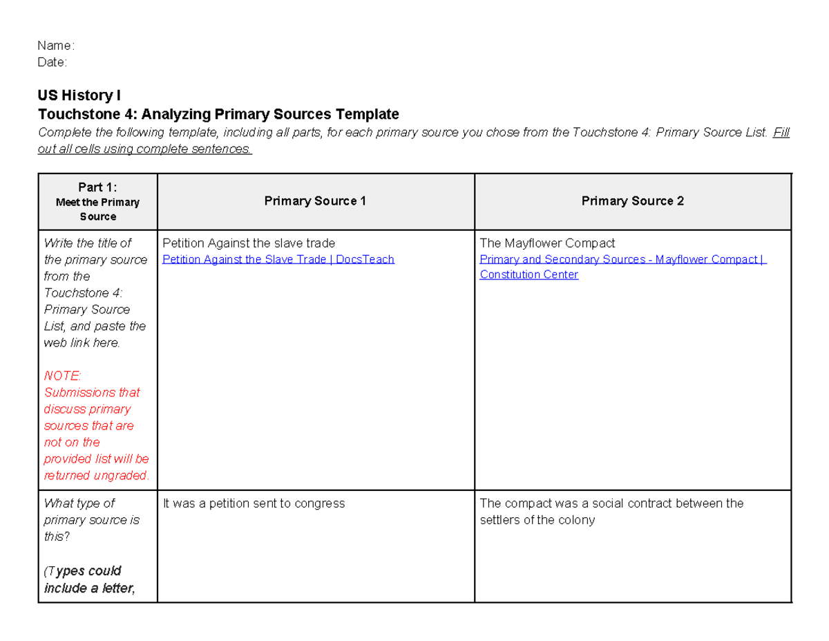 US History I Touchstone 4: Analyzing Primary Sources Guide - Studocu