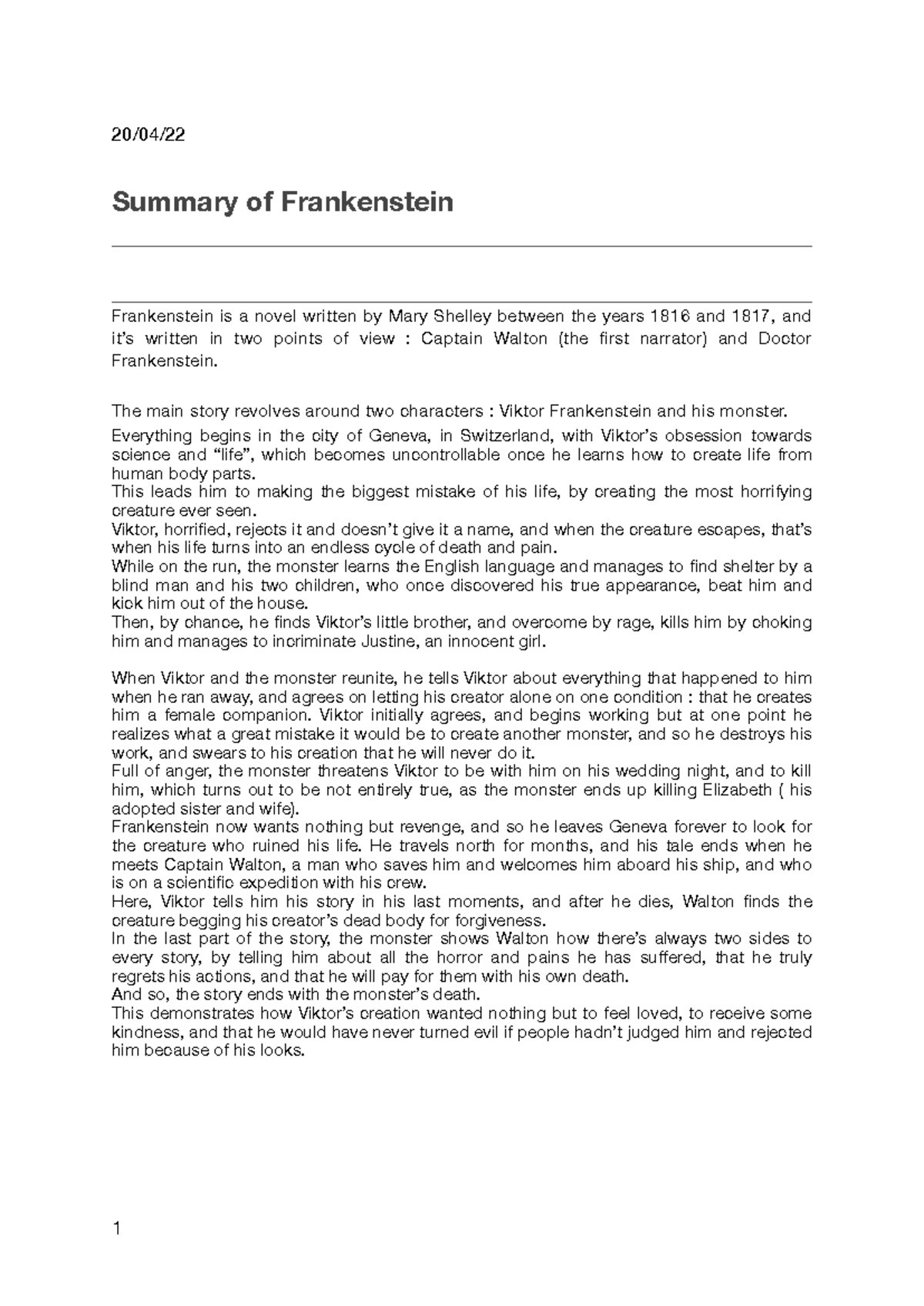 Summary of Frankenstein - 20/04/ Summary of Frankenstein Frankenstein ...