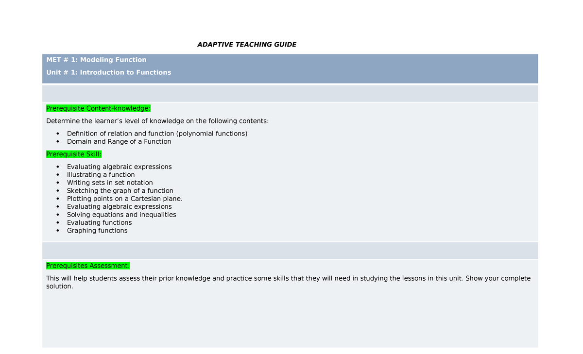 Unit 1 ATG - Introduction to Functions & Prerequisite Skills - Studocu