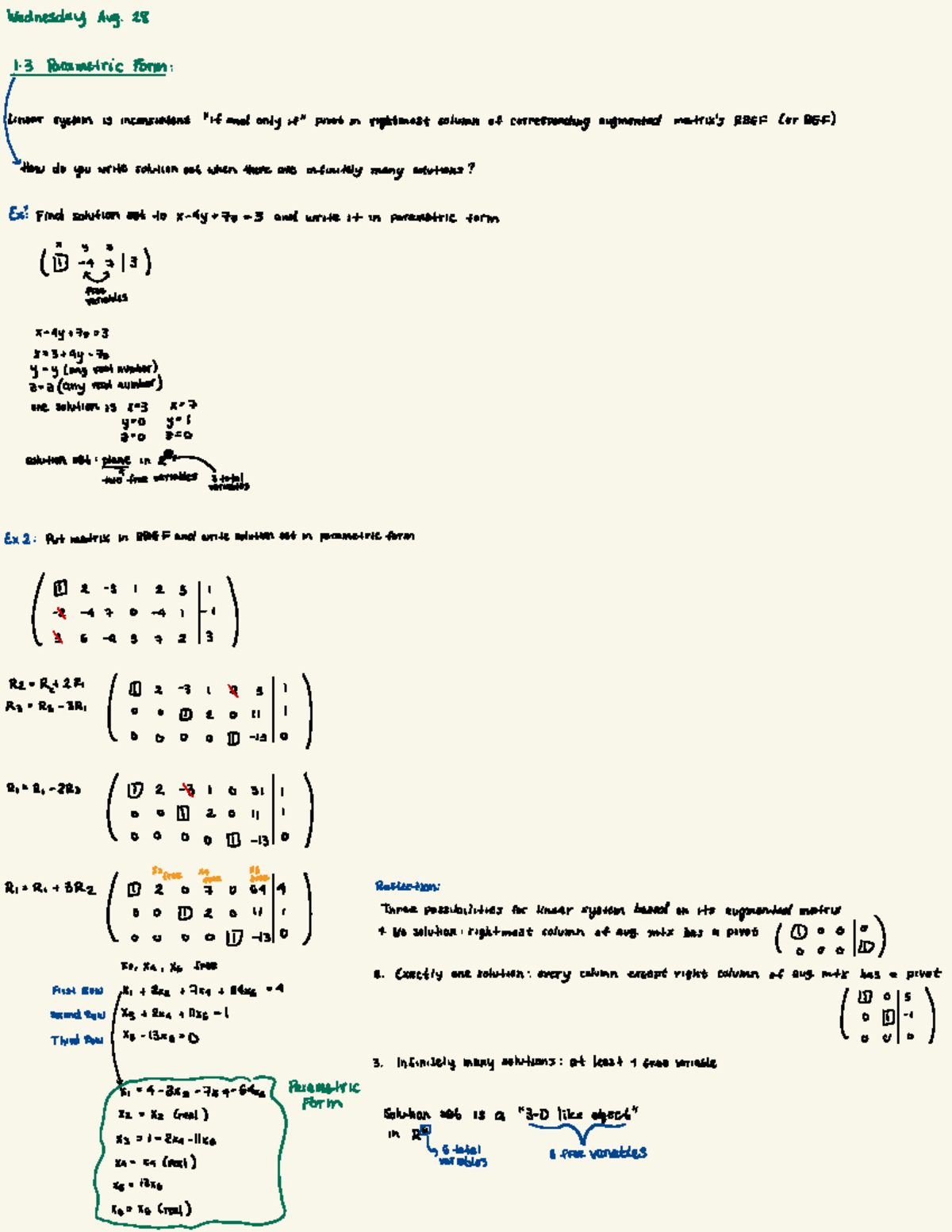 Parametric form and solution sets in linear systems for MATH 1553 - Studocu