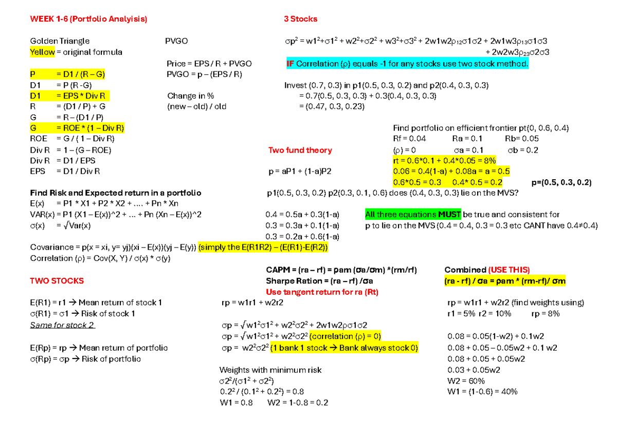 FIN 301 Cheat Sheet: Portfolio Analysis & Risk Management Techniques ...