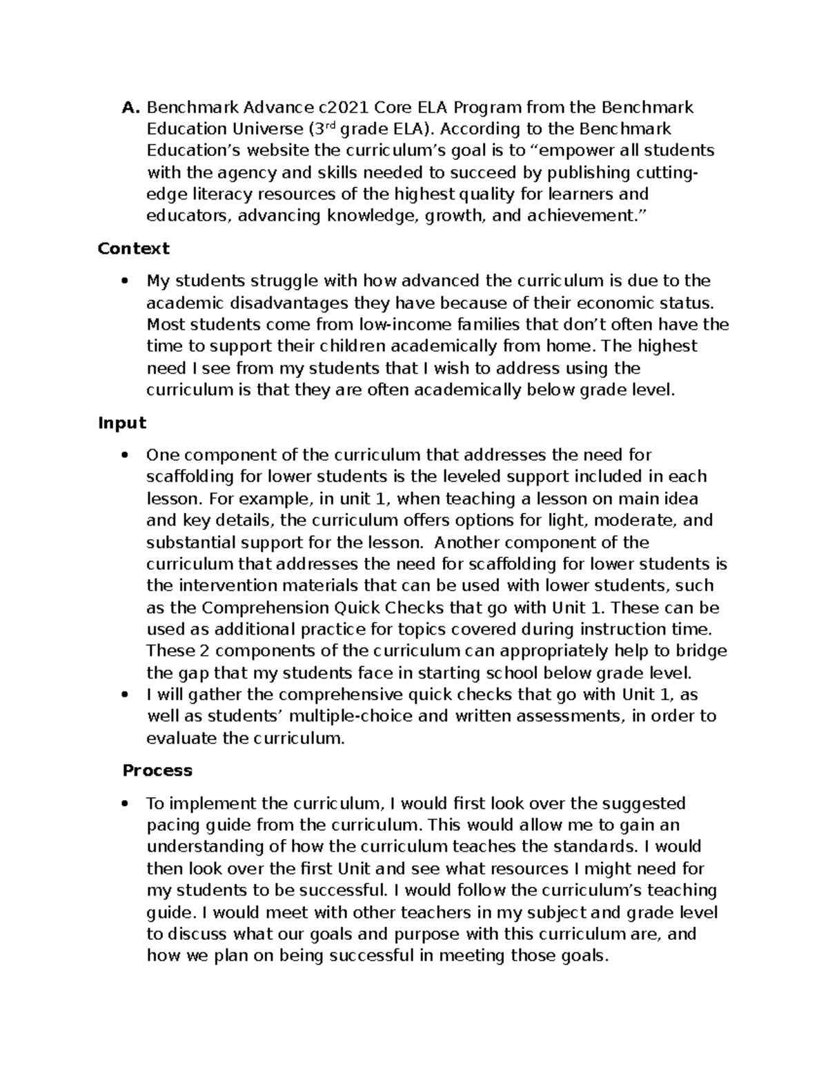 D630 T2: Evaluating Benchmark Advance ELA Curriculum for 3rd Grade ...