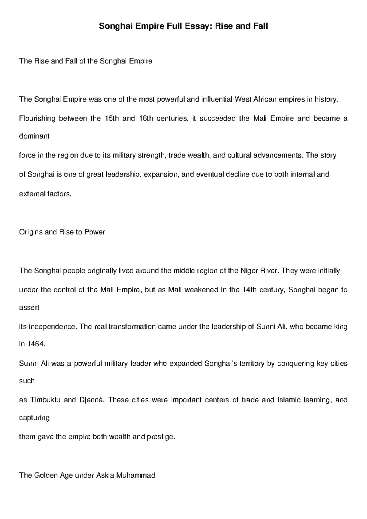 Songhai Empire Essay: Rise and Fall - A Historical Overview - Studocu