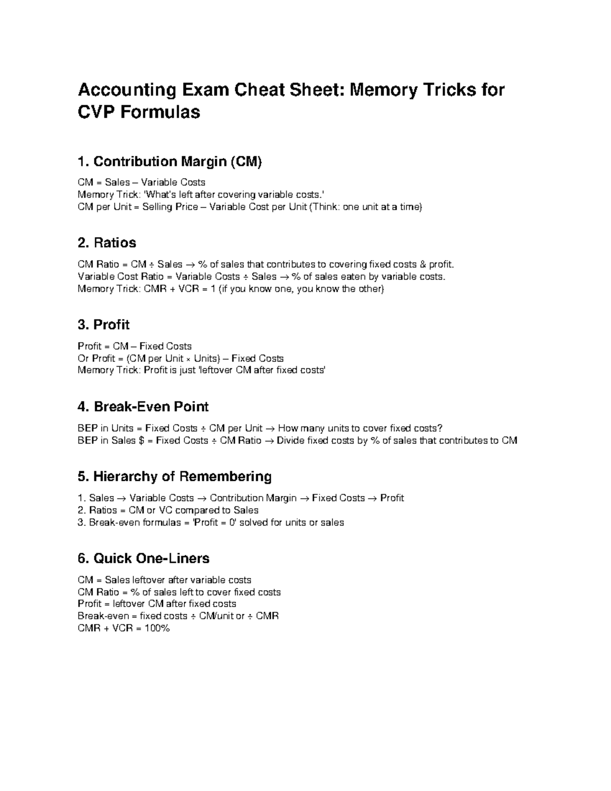Accounting Exam Cheat Sheet: Memory Tricks for CVP Formulas - Studocu
