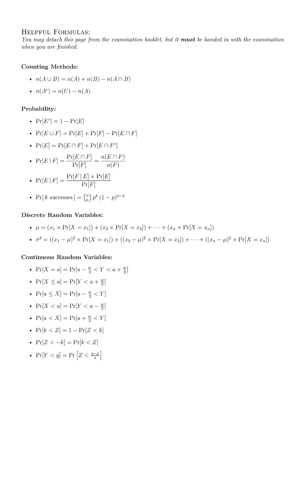MATH1228A Final Exam Formula Sheet - Studocu