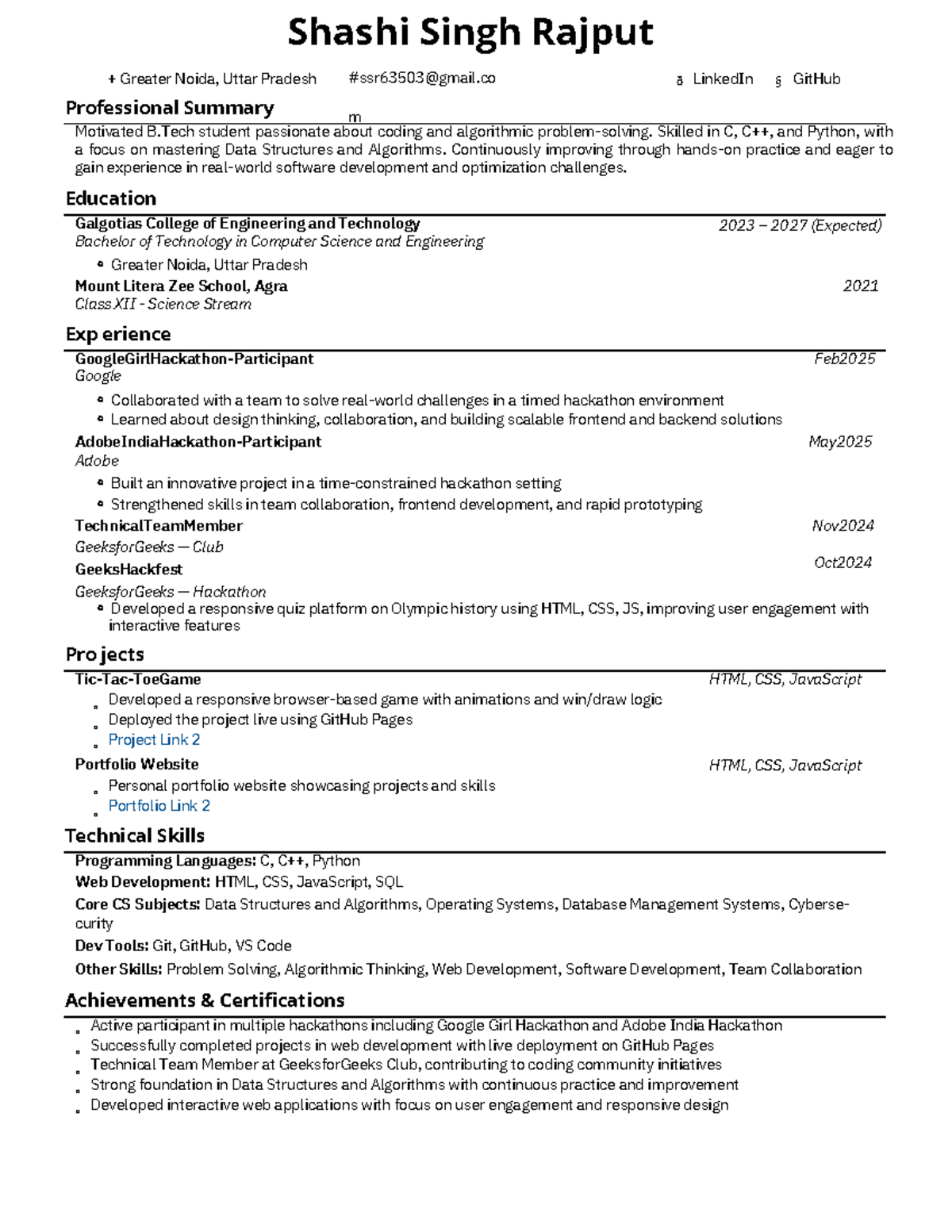 B.Tech CSE Student Profile: Skills, Projects & Achievements - Studocu