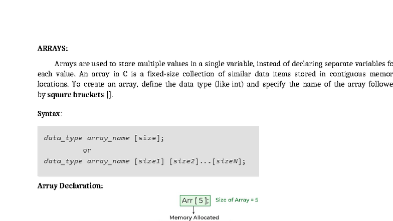 FC UNIT IV - Arrays in C Programming: Declaration, Initialization, and Access - Studocu