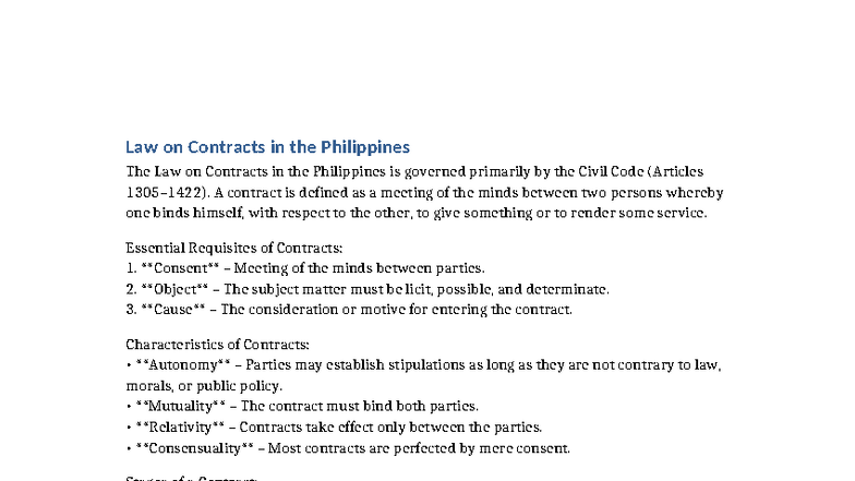 Law on Contracts in the Philippines: Key Concepts and Principles - Studocu