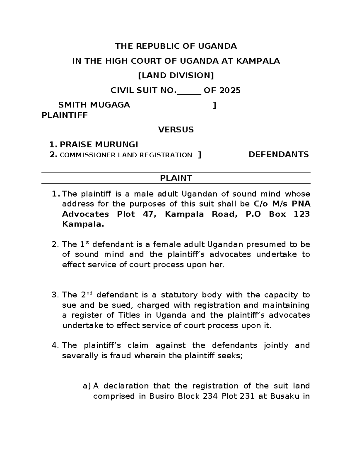 Civil Suit 2025: Mugaga vs. Murungi & Commissioner Land Registration ...