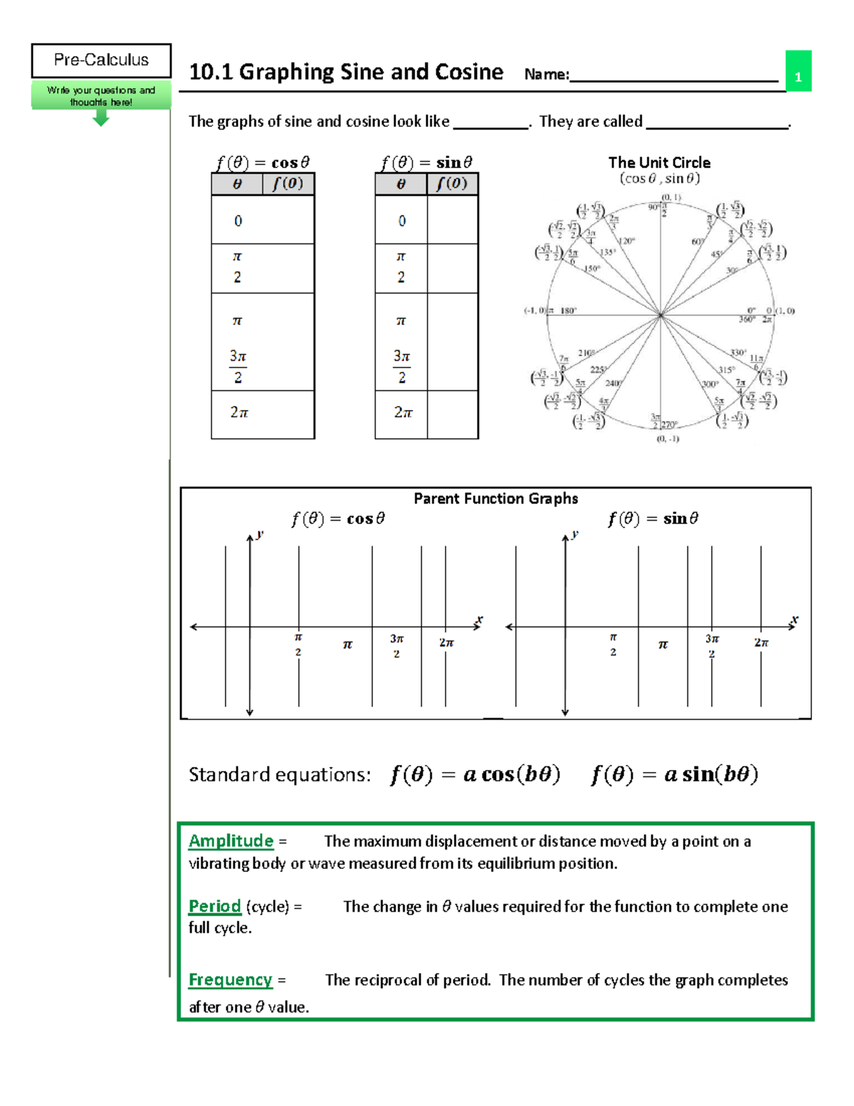 PC 10 - Trig Notes: Graphing Sine & Cosine Functions - Studocu