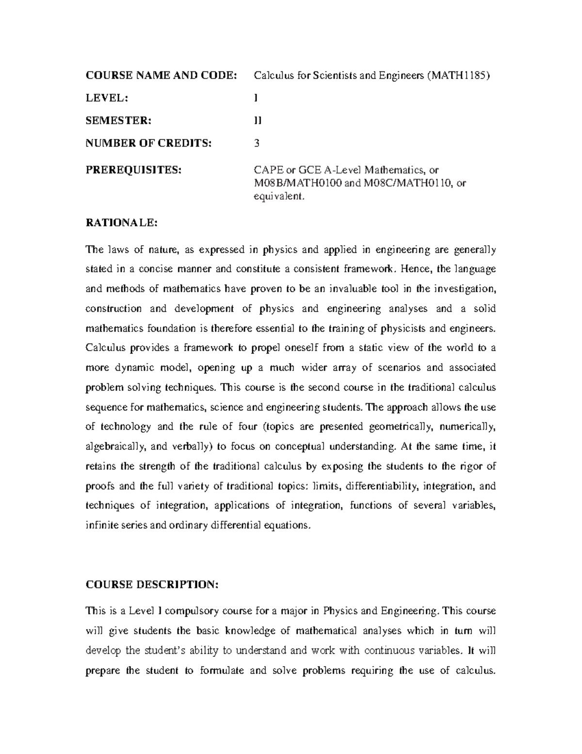 Math1185 - Calculus for Scientists and Engineers Syllabus - Studocu