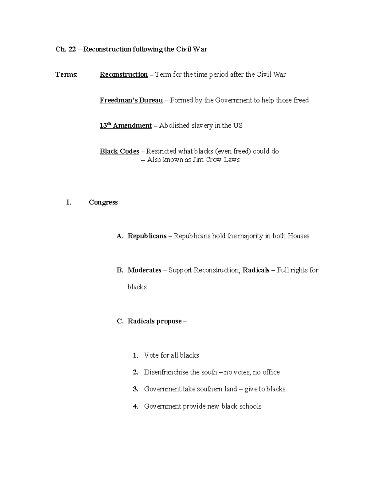 Ch. 22 Reconstruction Outline: Key Terms & Amendments Post-Civil War ...
