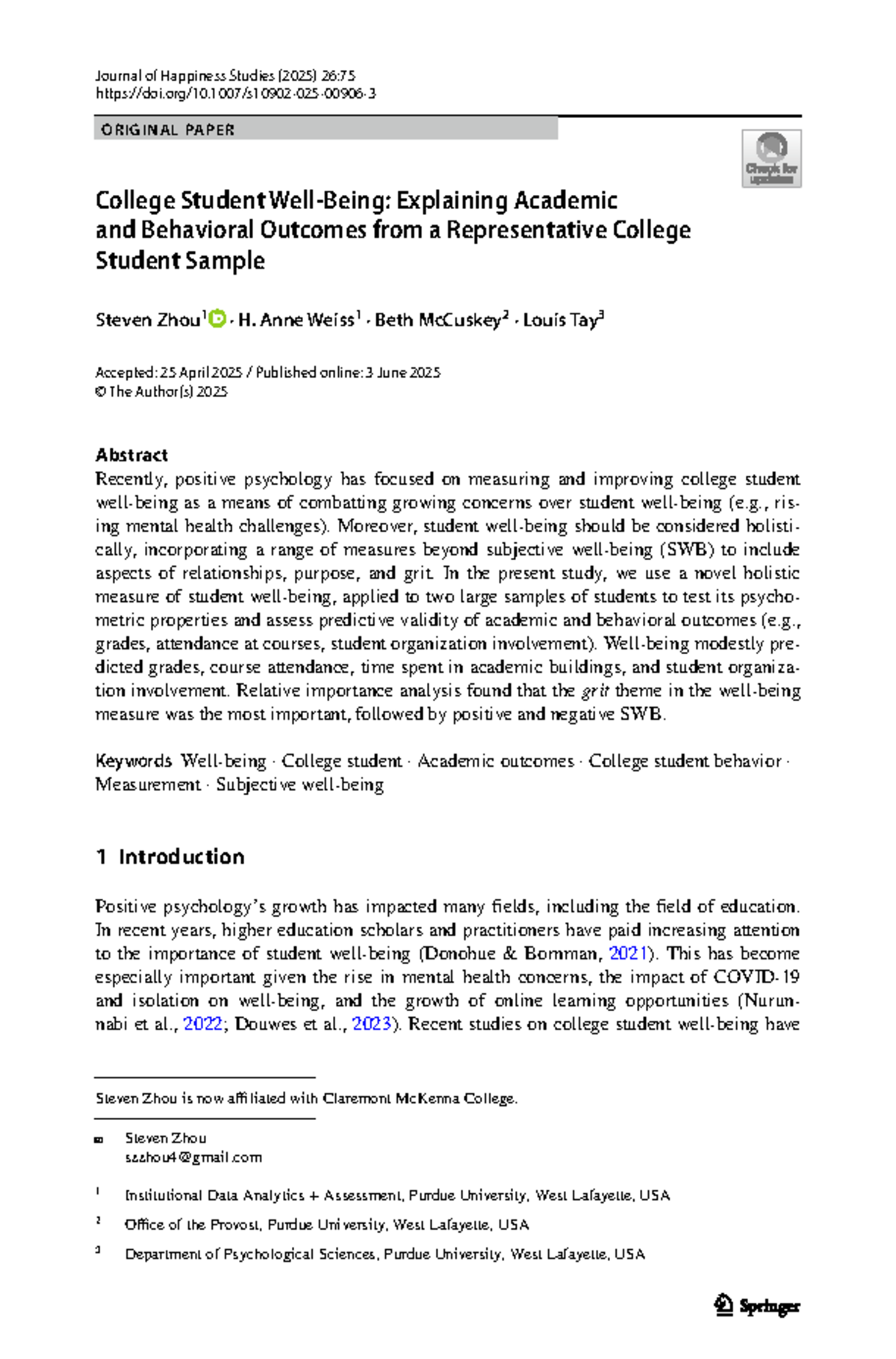 College Student Well-Being: Academic & Behavioral Outcomes Analysis ...