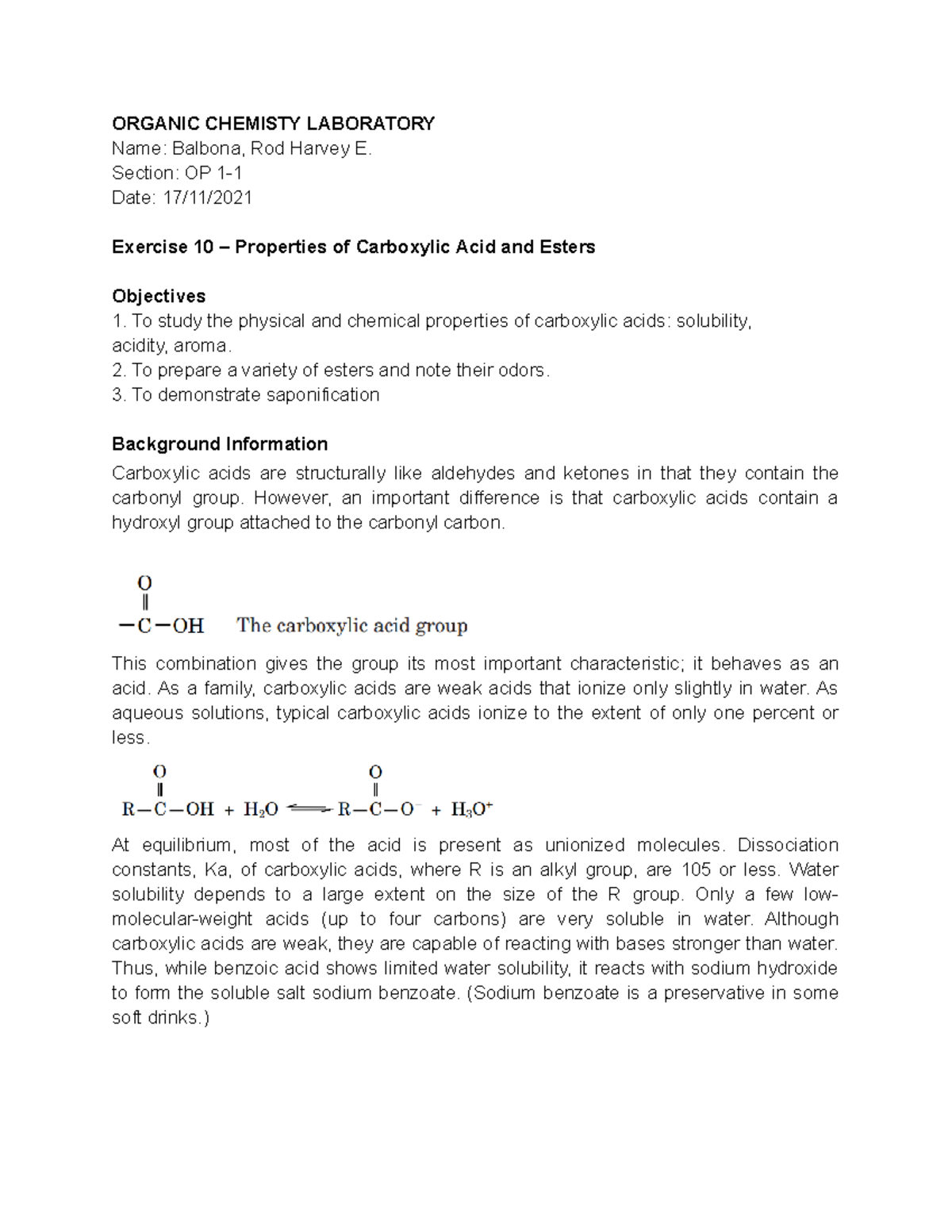 CHE002L EX010 – Properties of Carboxylic Acids & Esters in Organic ...