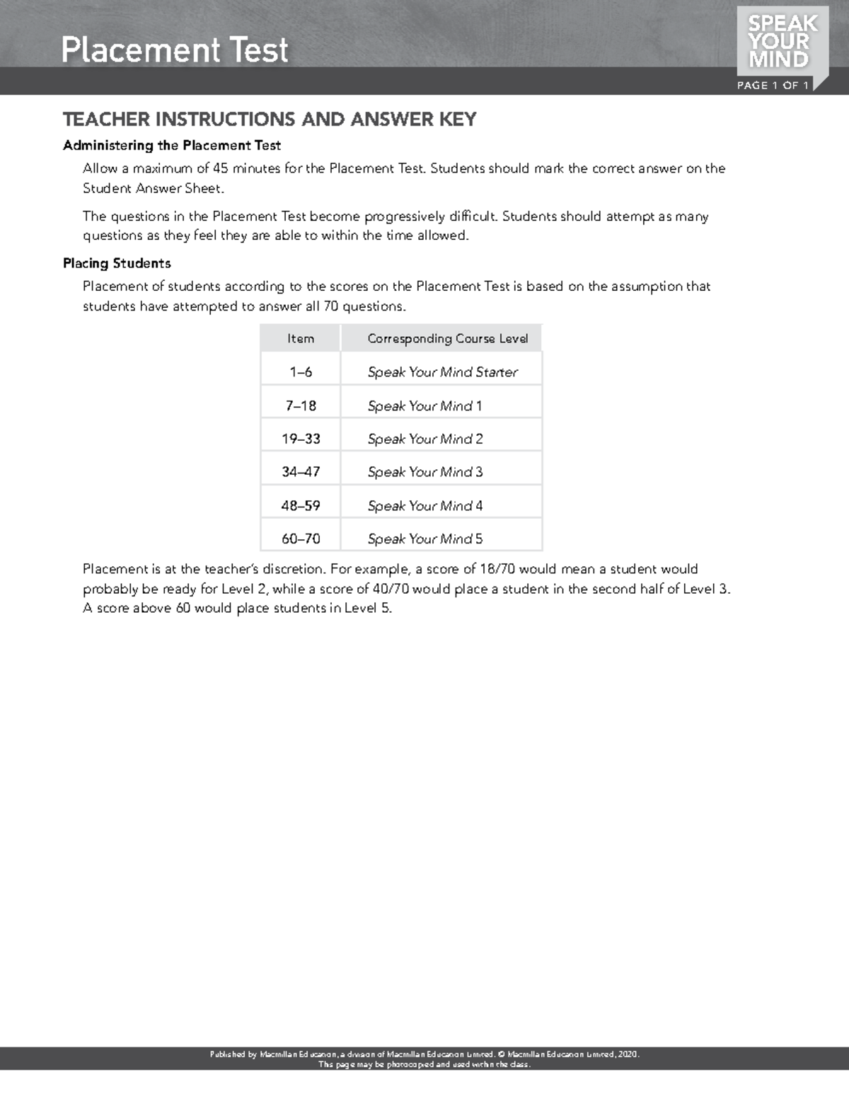 SYM Placement Test Answer Key for Speak Your Mind Levels - Studocu