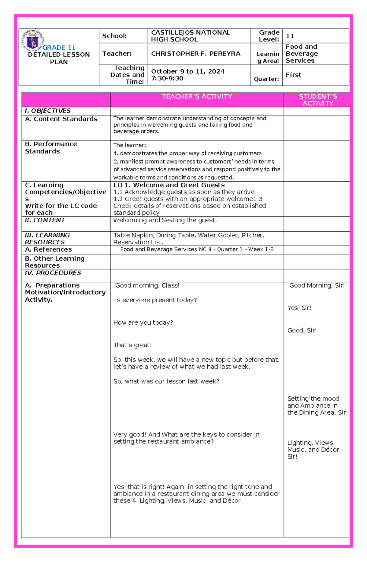 DLP-COT-FBS-Lesson Plan on Welcoming and Seating Guests - Studocu