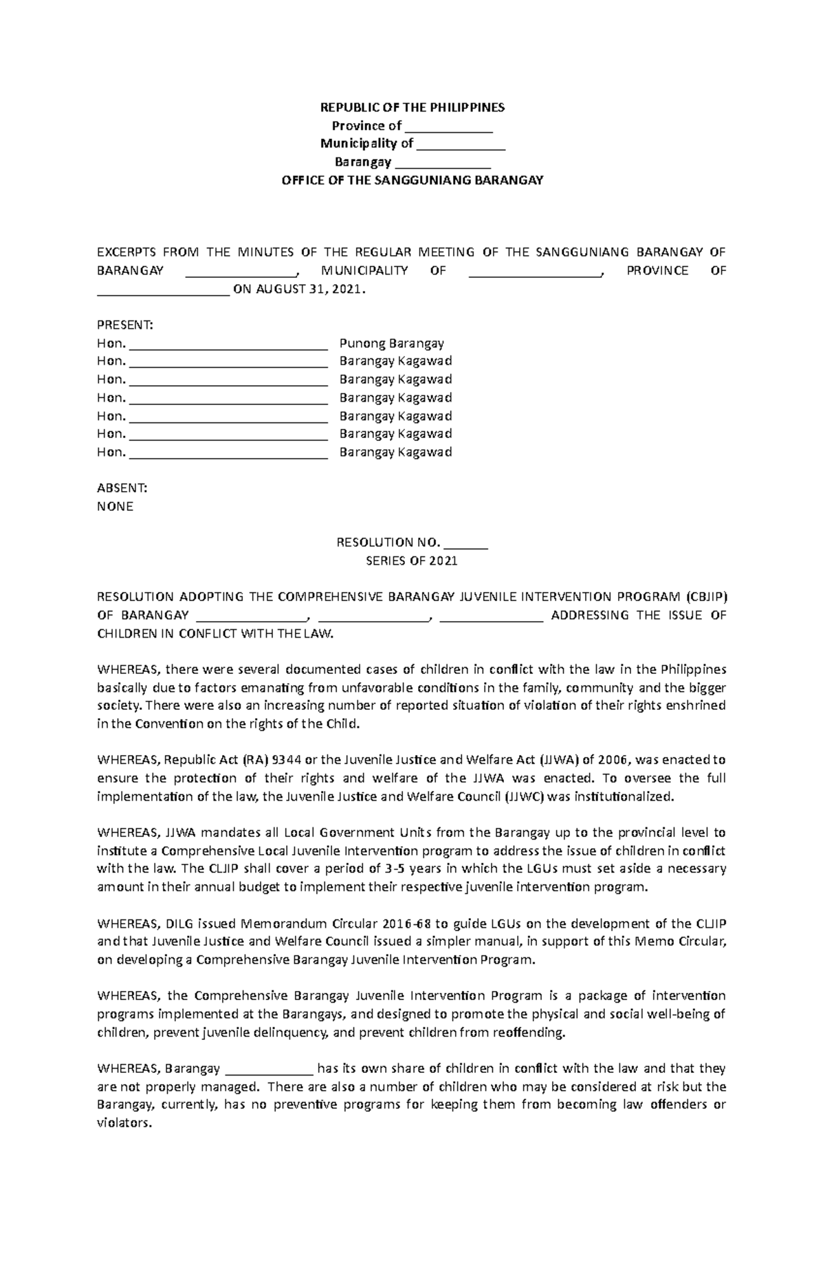 Resolution sample form 2021 - REPUBLIC OF THE PHILIPPINES Province of ...