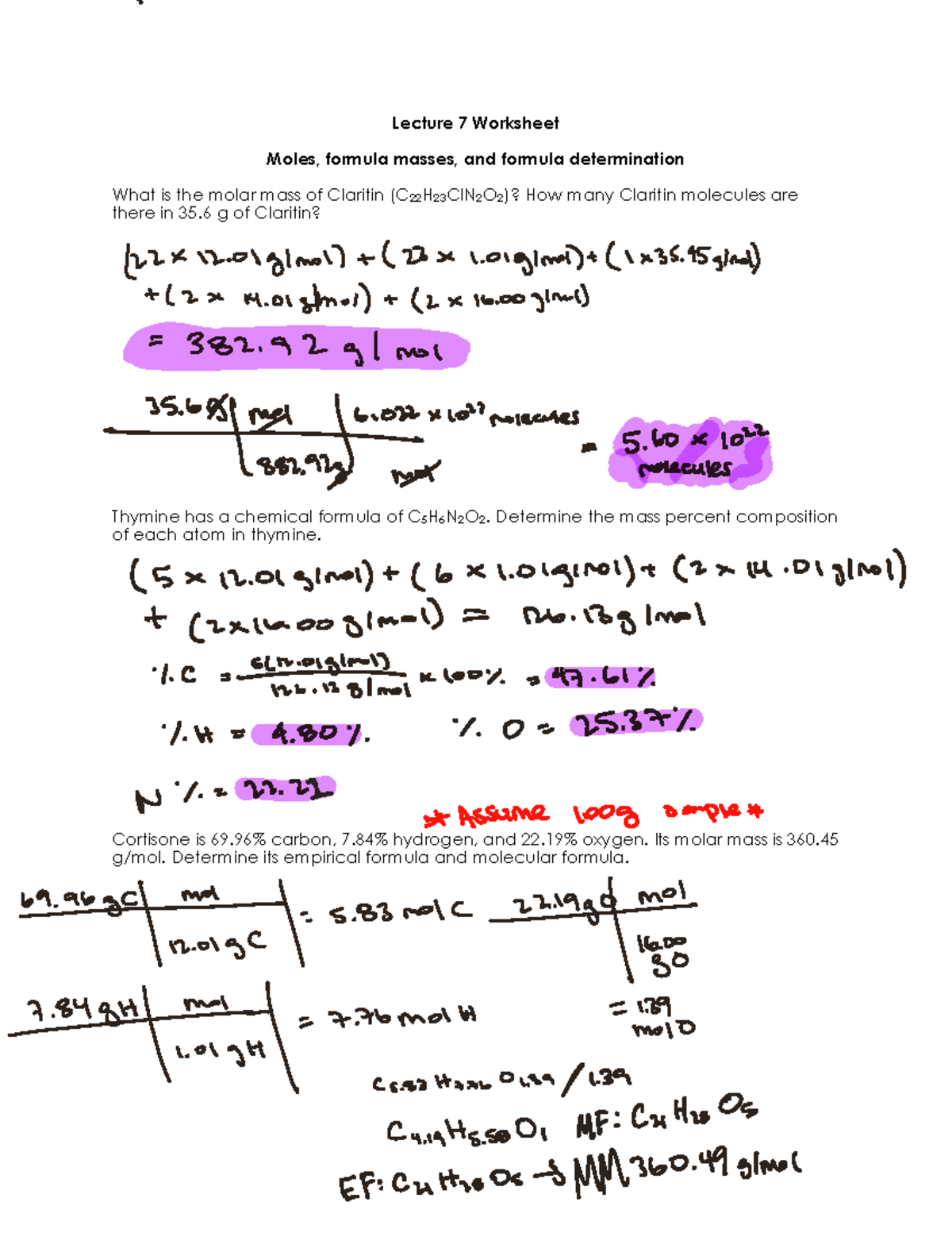 Lecture 7 Worksheet: Moles & Formula Masses in Chemistry - Studocu