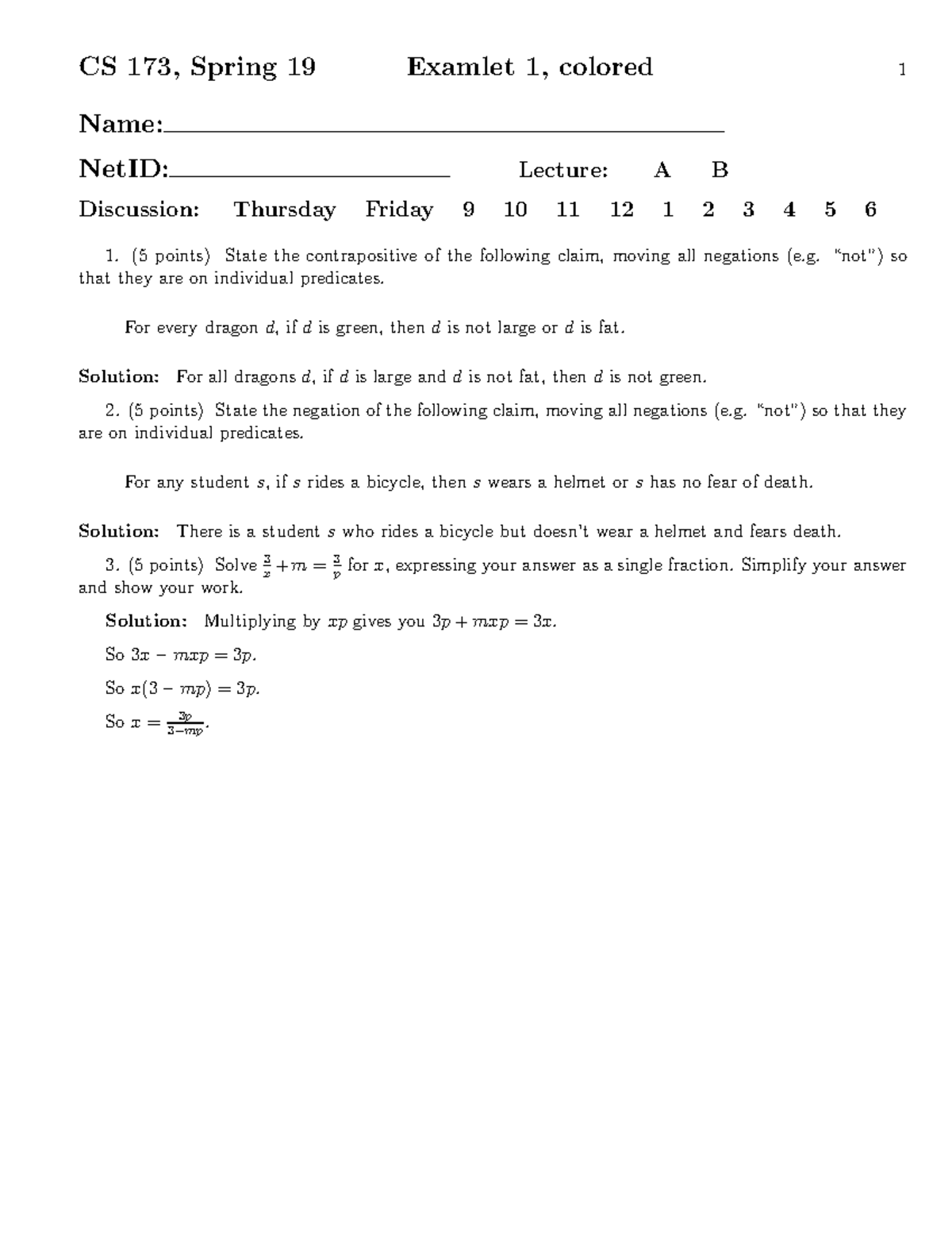 CS 173, Spring 19 Examlet 1 Solutions and Explanations - Studocu