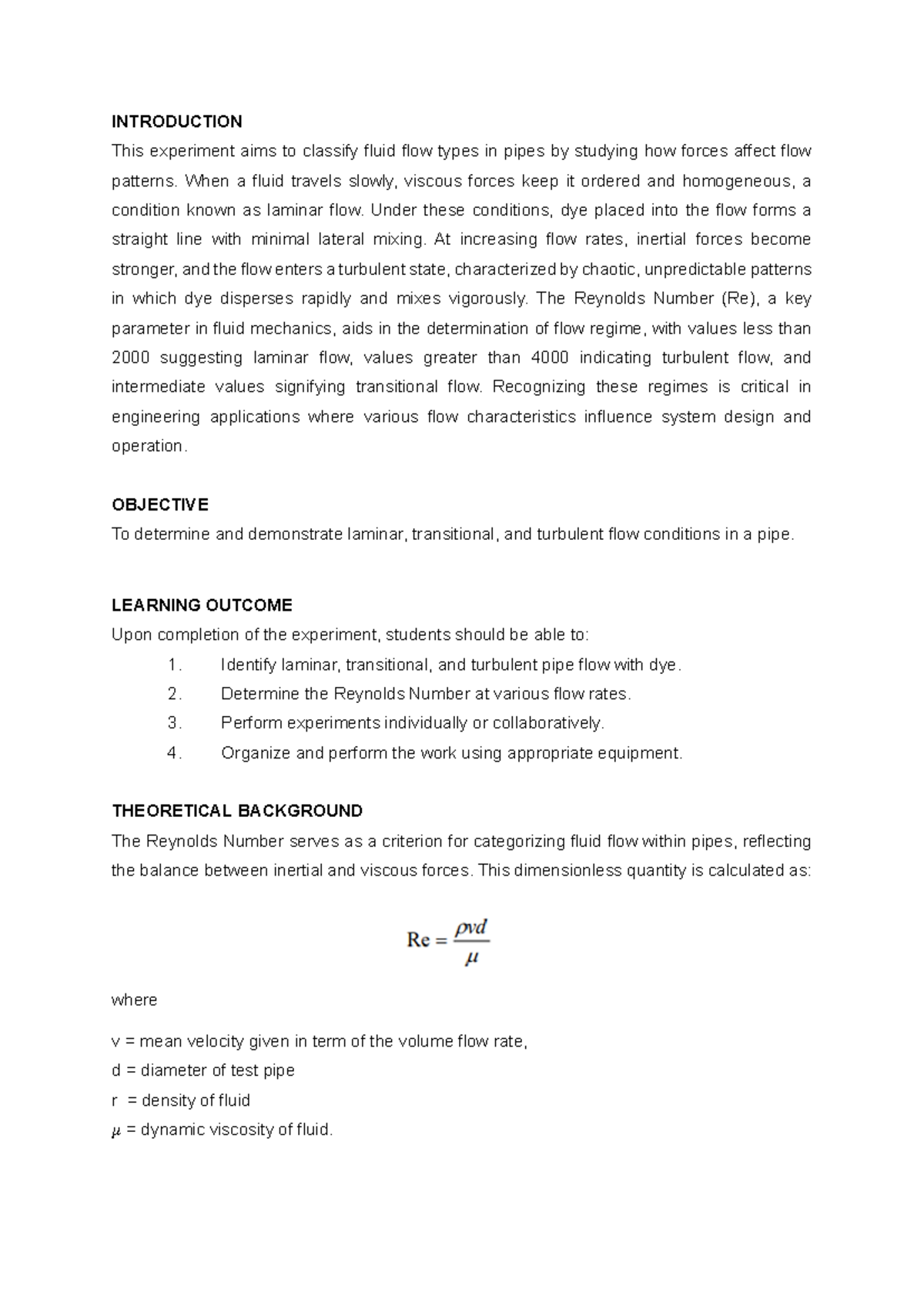 Reynold Number - INTRODUCTION This experiment aims to classify fluid ...