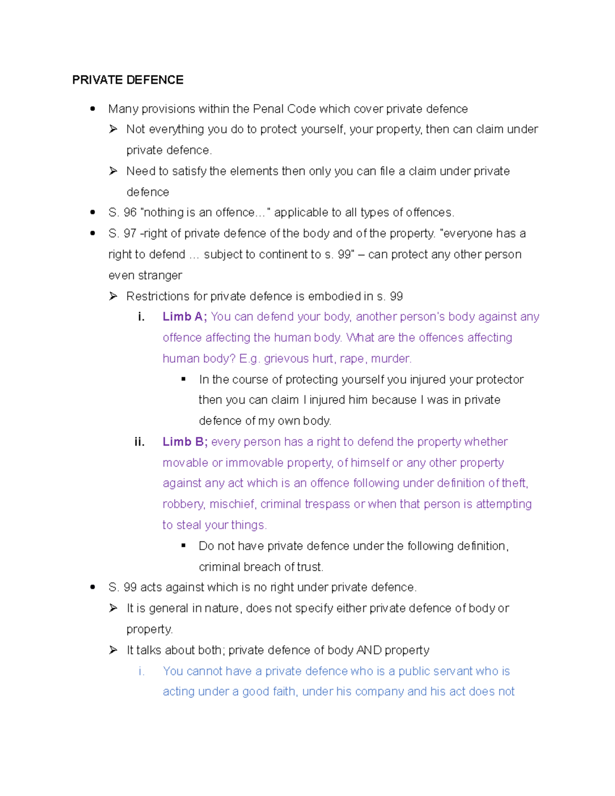 Private Defence Lecture Notes (Course Code: LAW101) - Studocu