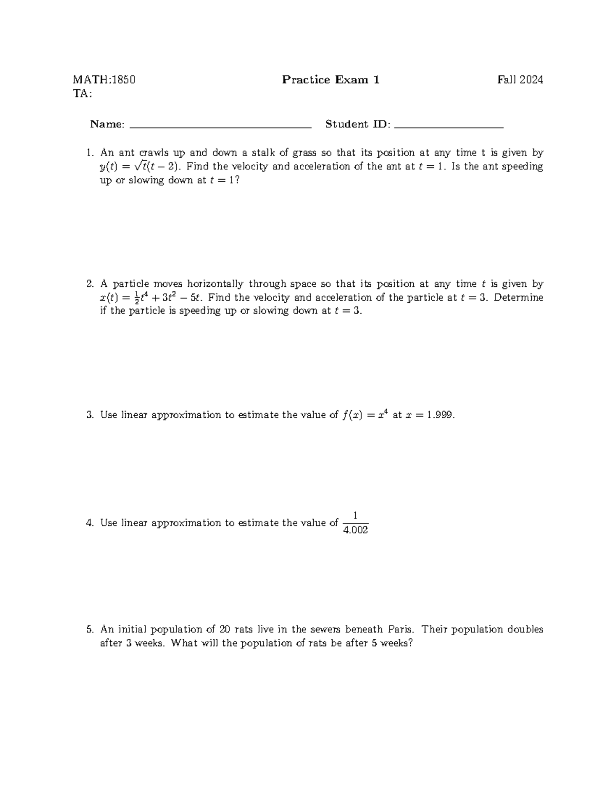 MATH:1850 Practice Exam 1 Fall 2024 - Problem Set and Solutions - MATH ...