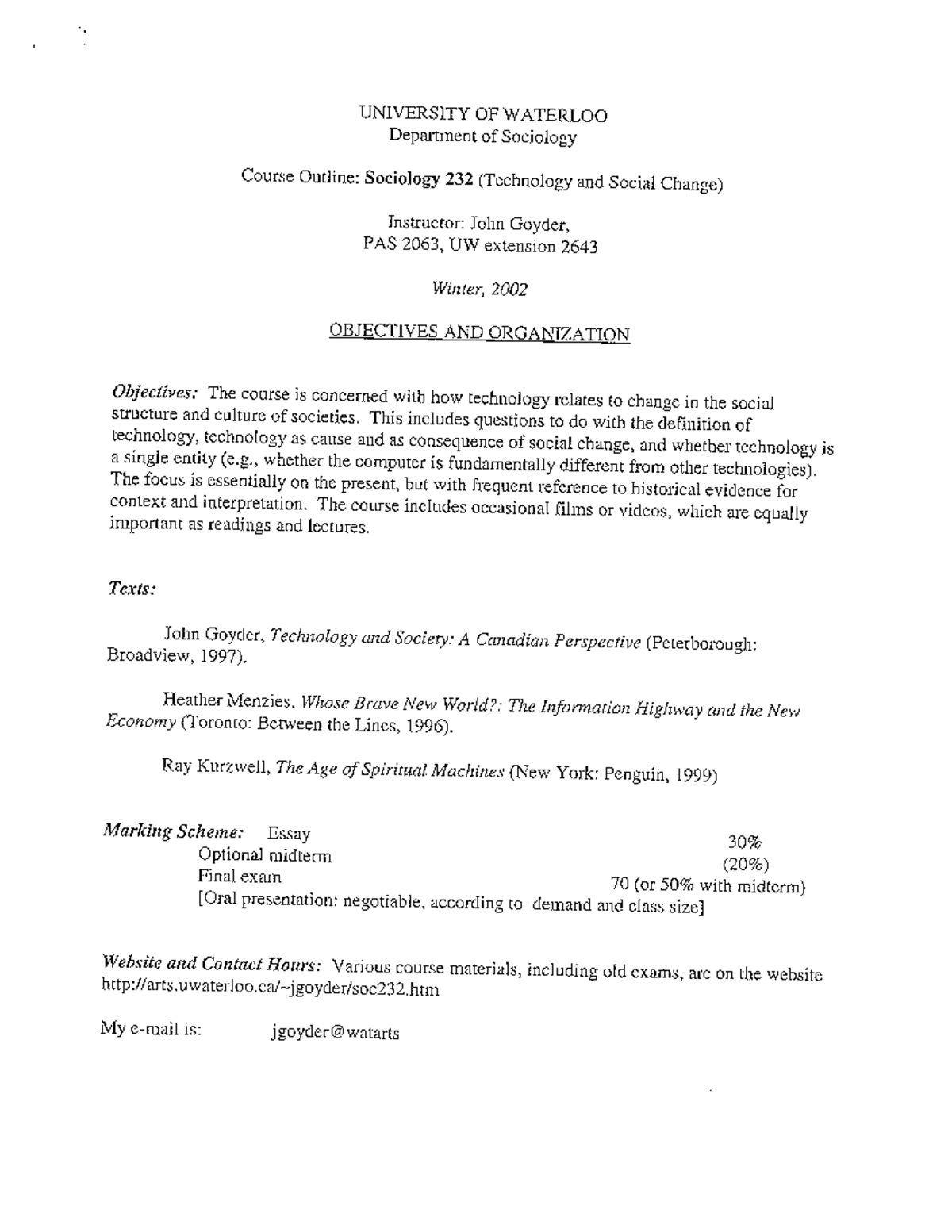 SOC 232 Course Outline: Technology and Social Change - Winter 2002 ...
