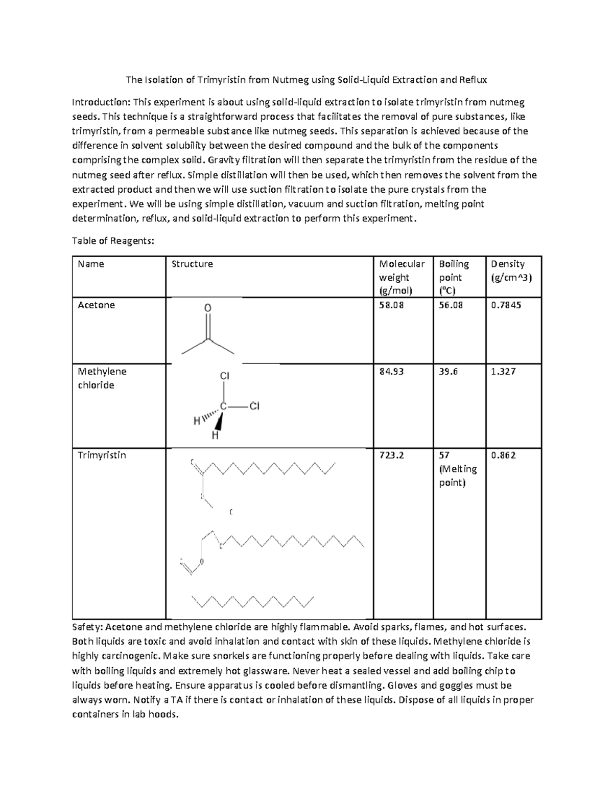 O Chem 1 Lab 3 - Isolation of Trimyristin from Nutmeg by Extraction ...