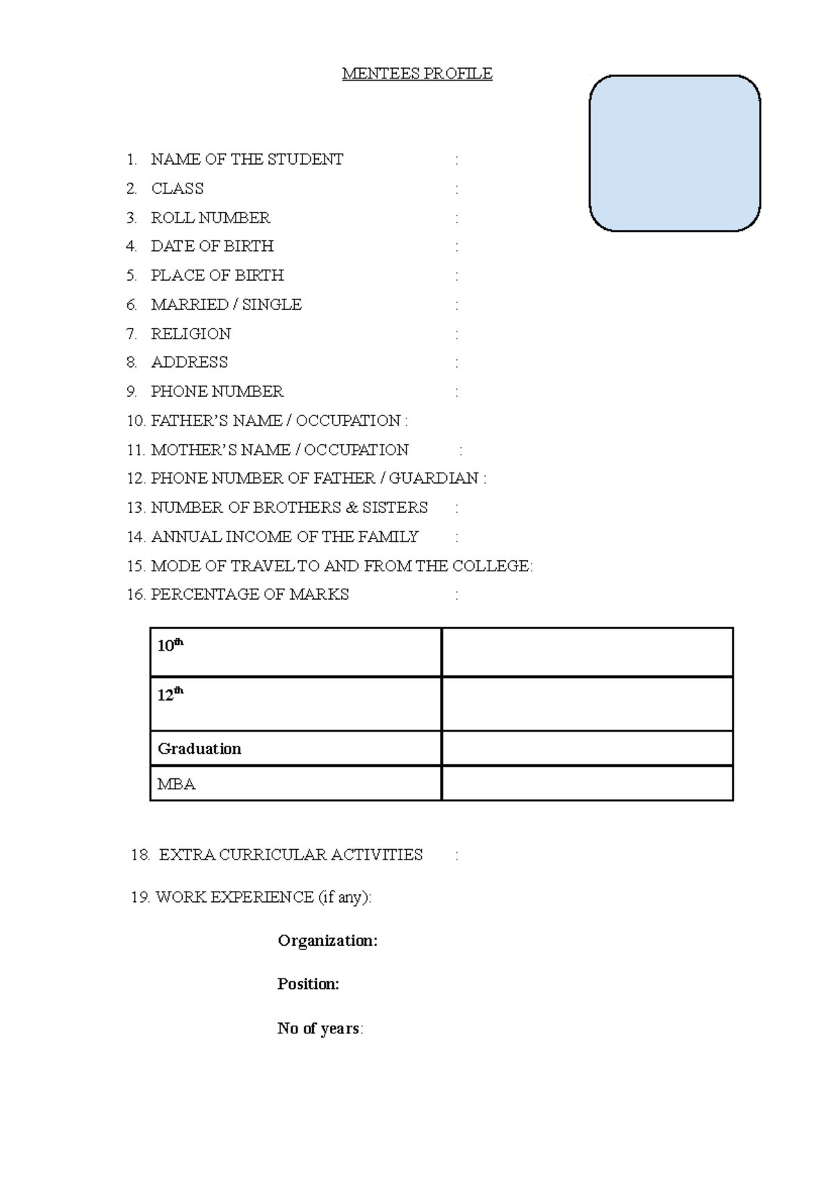 Mentee Profile Template for MBA Students: Personal & Academic Info ...