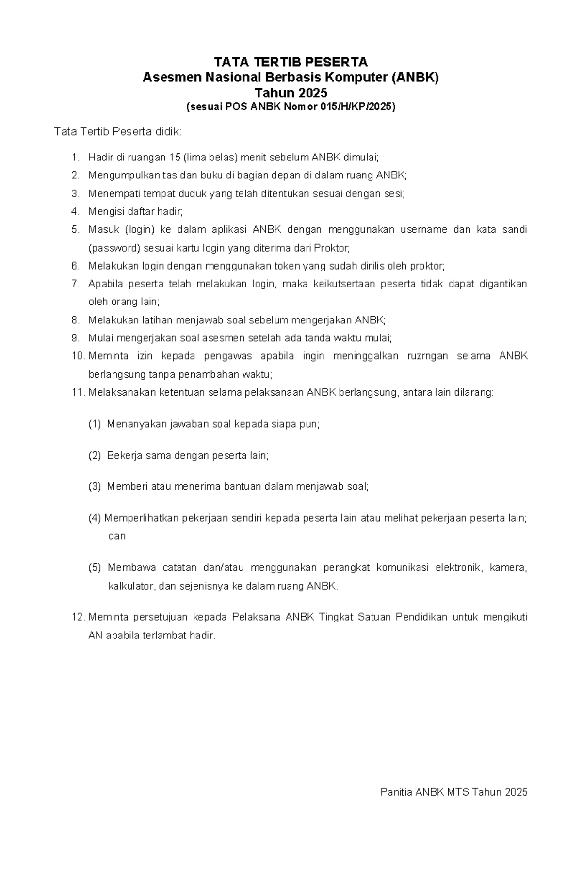 TATA TERTIB PESERTA ANBK 2025: Panduan dan Ketentuan - Studocu