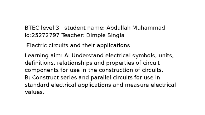 BTEC Level 3 Physics Assignment: Electric Circuits & Applications - Studocu