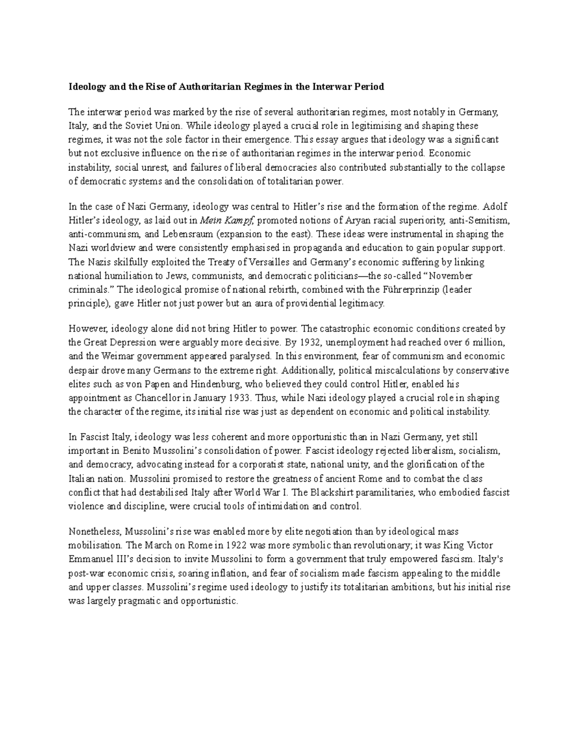 HSP Mod His Essay - The Role of Ideology in Authoritarian Regimes Rise ...