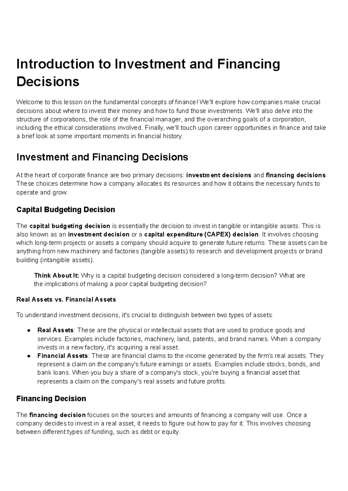 FIN 3000 - Chapter 1: Introduction to Investment & Financing Decisions ...