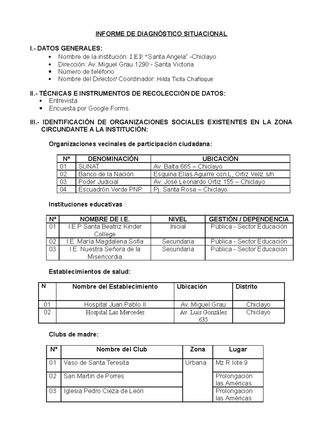 Esquema Informe Diagnóstico Situacional (3) - INFORME DE DIAGNÓSTICO SITUACIONAL I.- DATOS - Studocu