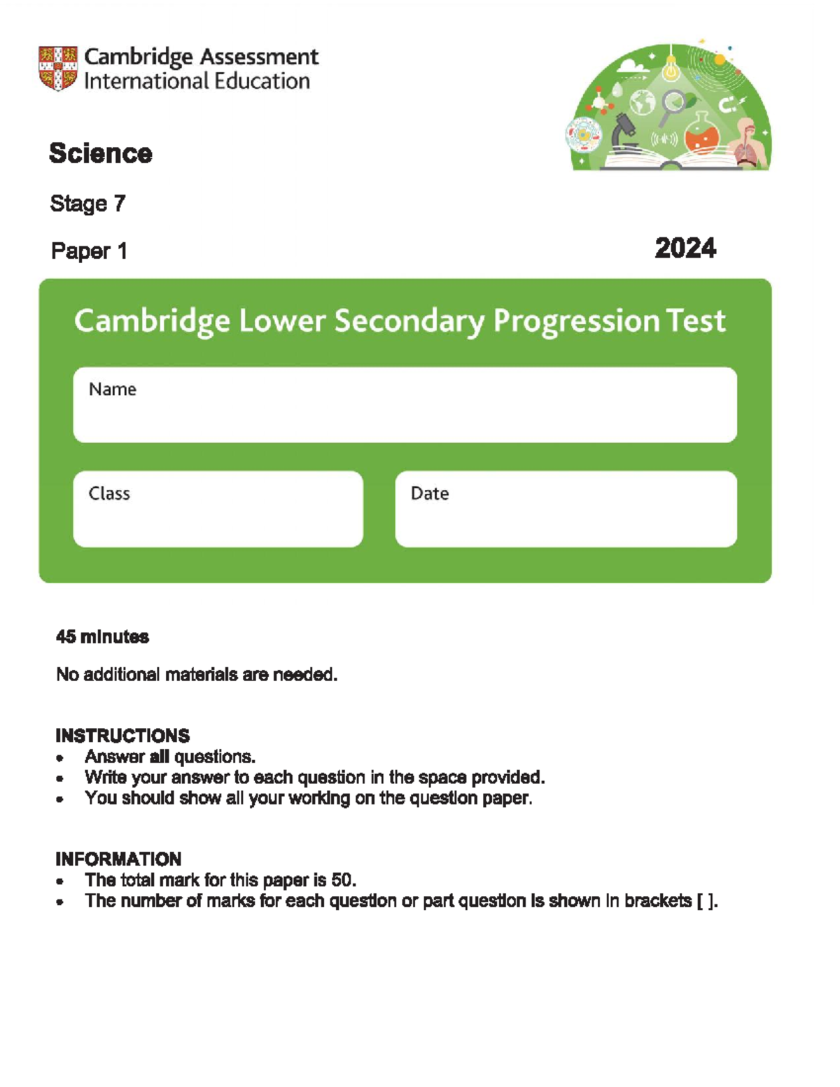 IPT Science - Cambridge Lower Secondary Progression Test Stage 7 Paper ...