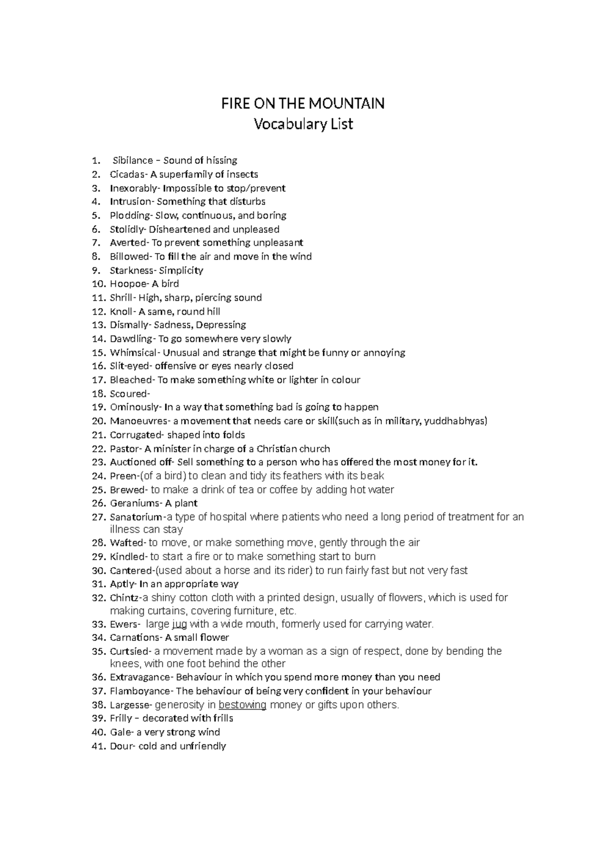 FIRE ON THE MOUNTAIN Vocabulary List: Key Terms and Definitions - Studocu