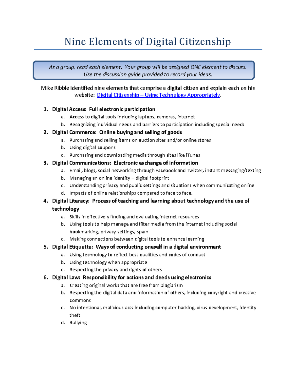Nine Elements of Digital Citizenship: A Group Discussion Guide - Studocu