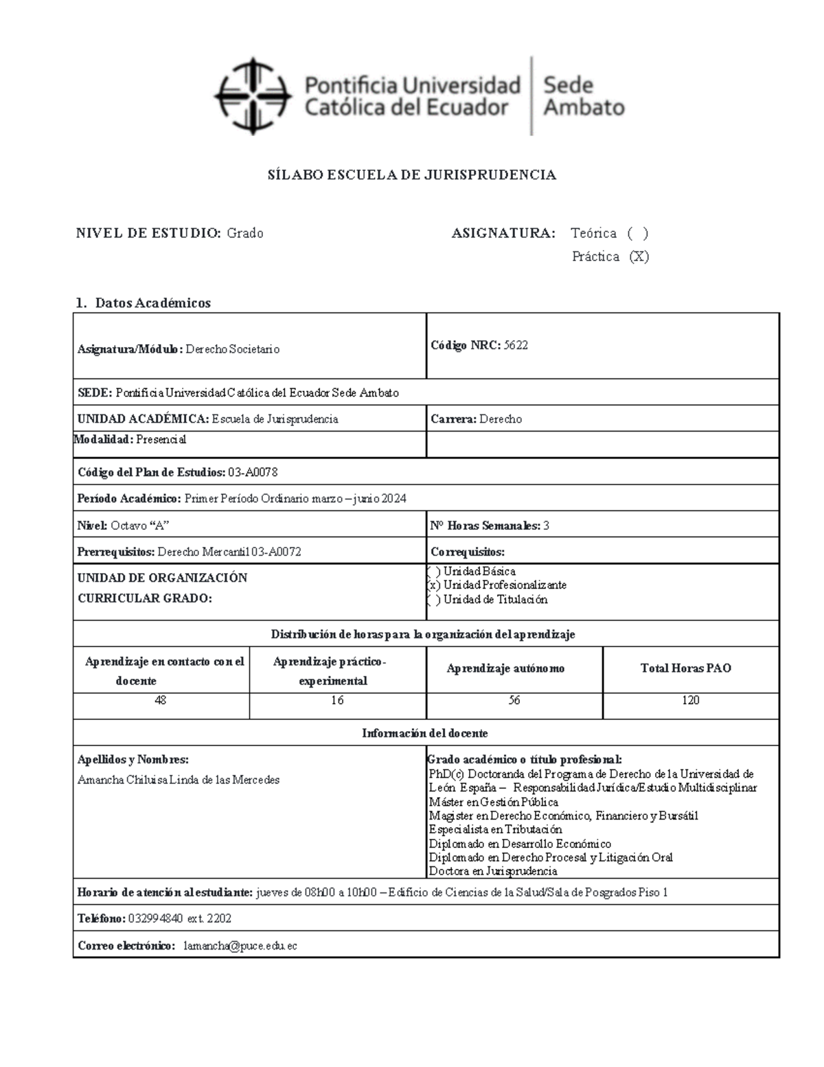 Sílabo de Derecho Societario - Código NRC 5622 - Primer Período 2024 ...