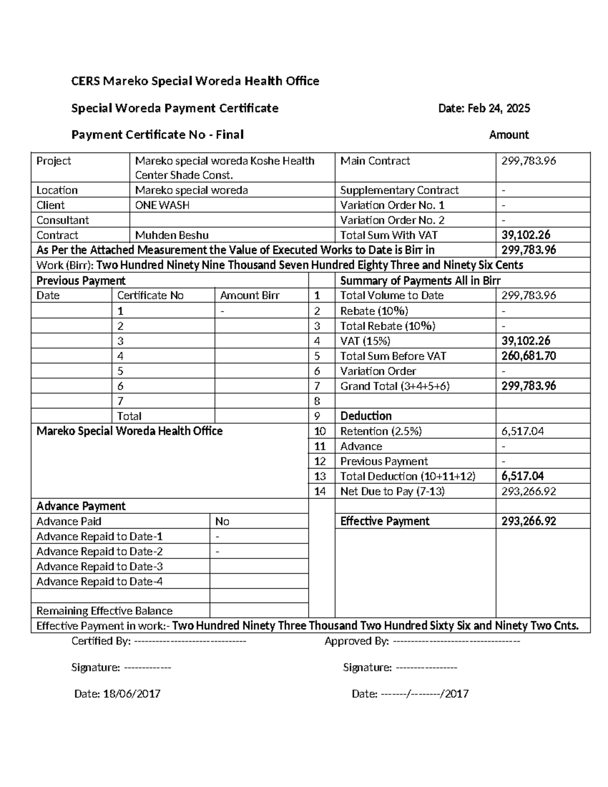 Payment certificate - CERS Mareko special woreda health office - Studocu
