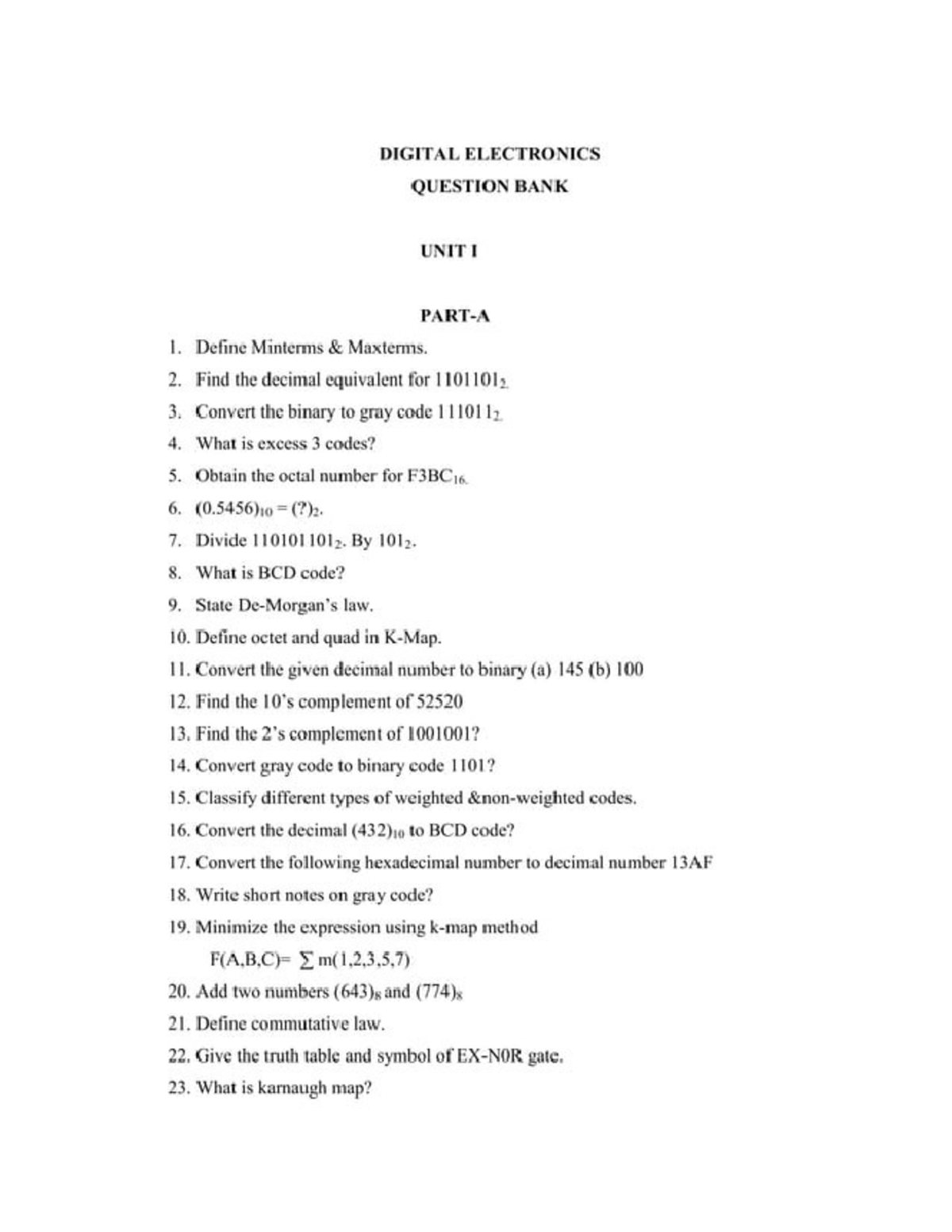 DIGITAL ELECTRONICS QUESTION BANK UNIT I: Key Concepts and Problems ...