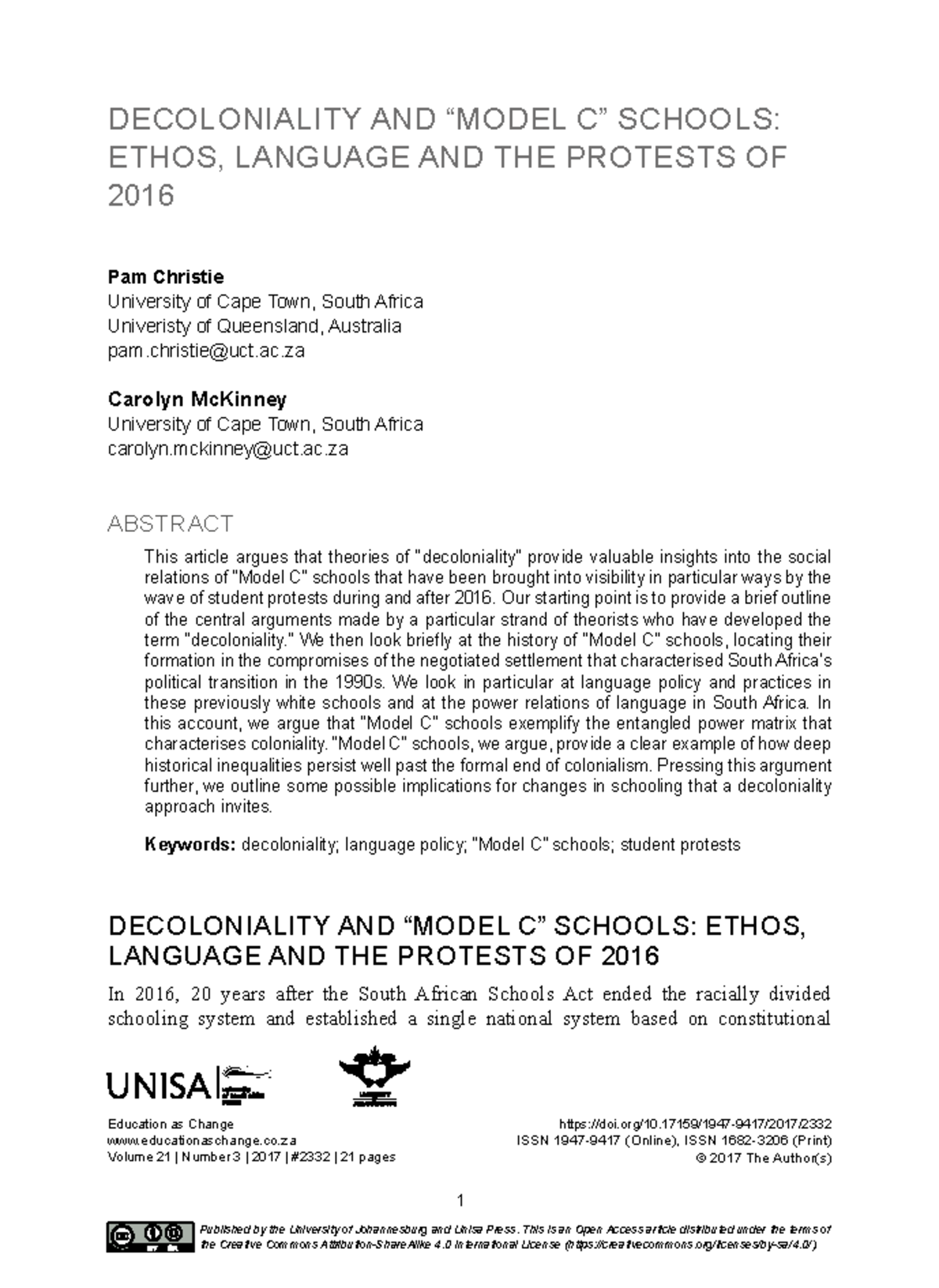 Decoloniality and “Model C” Schools ethos - 1 doi/10.17159/1947-9417 ...
