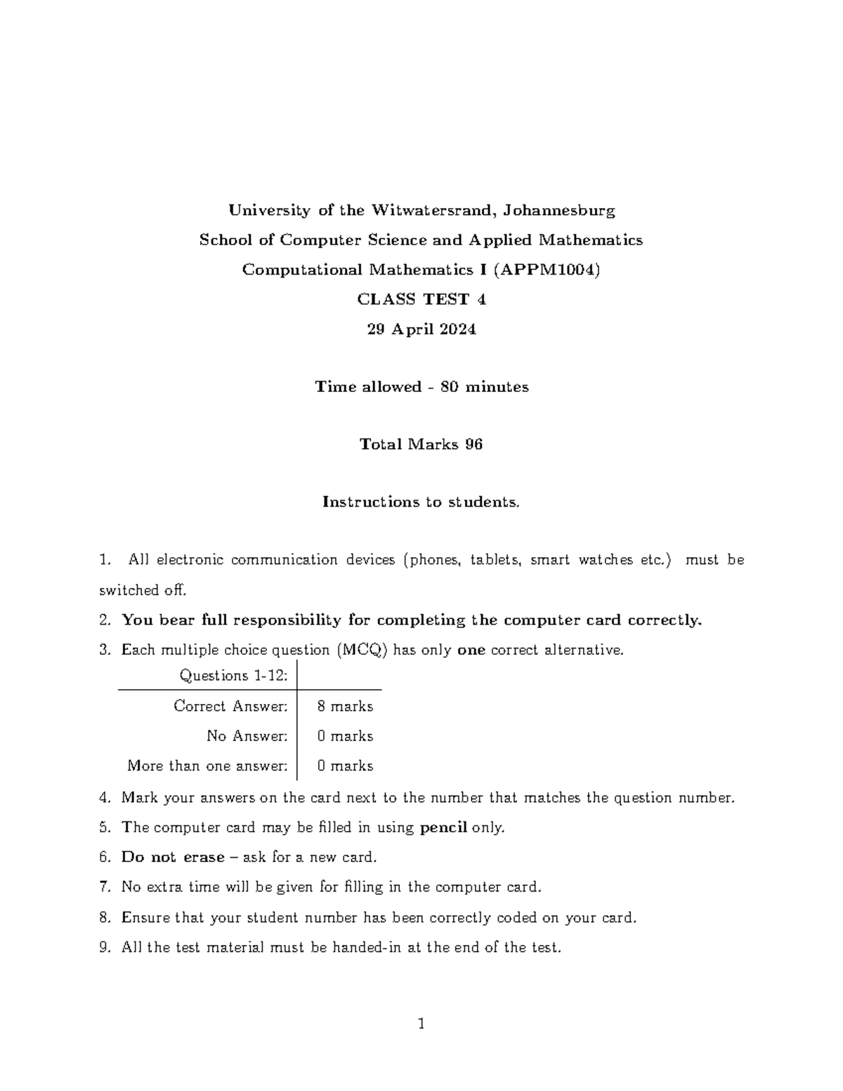 Test 4 2024 CV1 - APPM1004 Computational Mathematics Class Test - Studocu