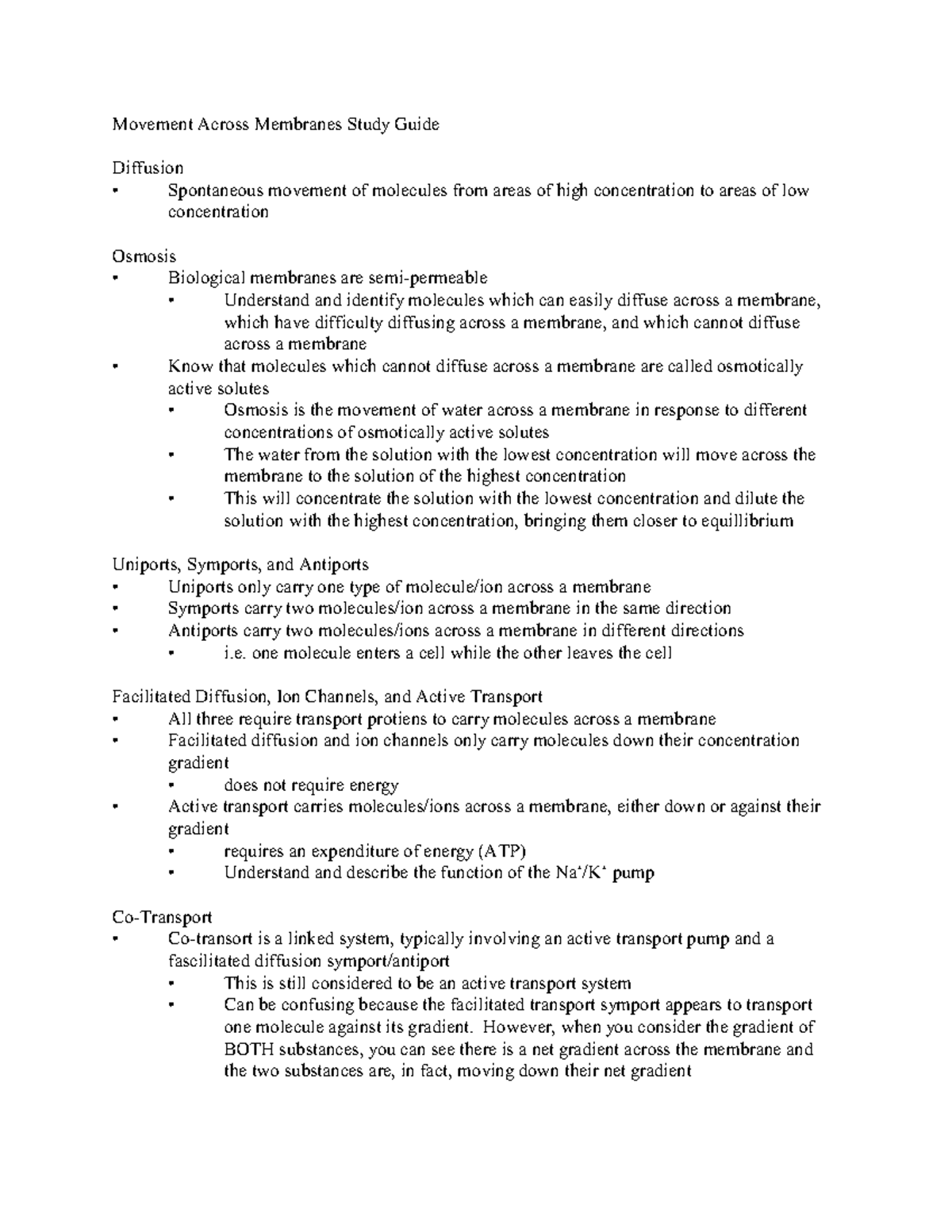 Movement Across Membranes Study Guide - Studocu