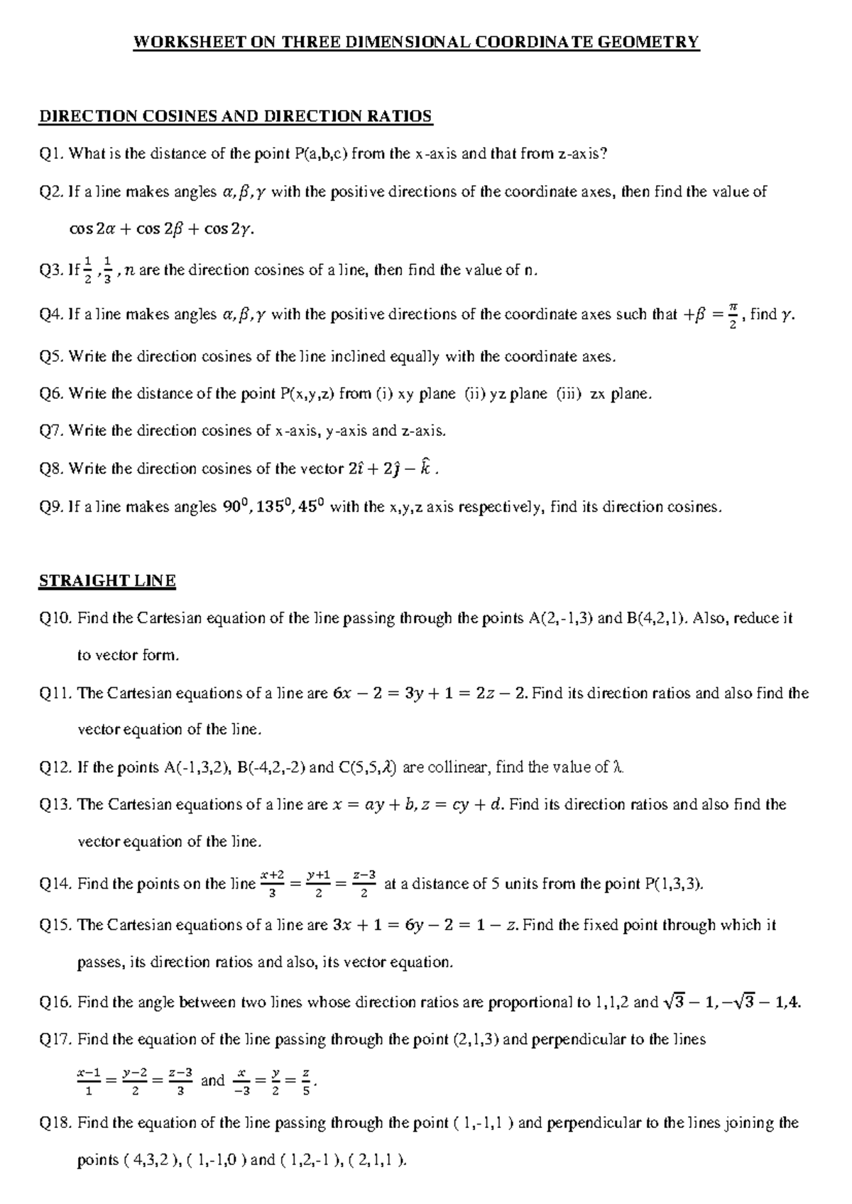 Worksheet on 3D - practice questions on 3D - WORKSHEET ON THREE ...