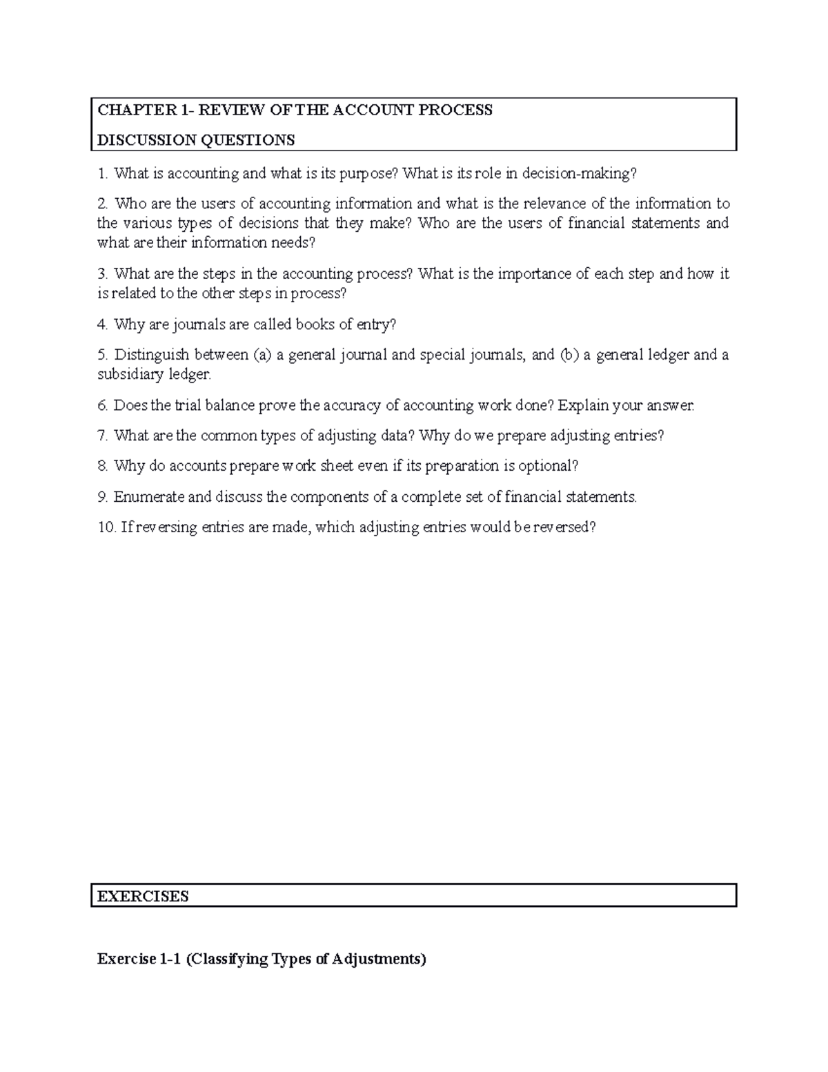 Chapter 1 Review: Accounting Process Exercises & Problems (ACCT 101 ...