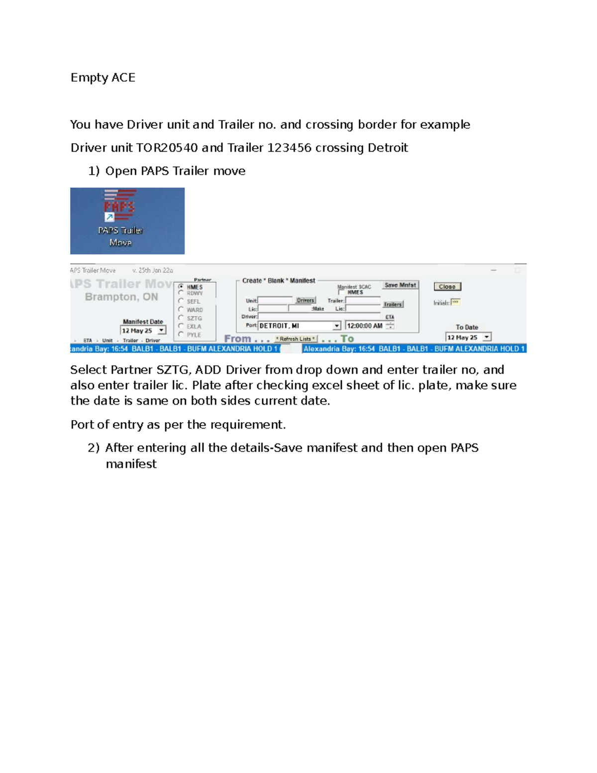 Empty ACE Procedures for Driver Unit and Trailer No. - Studocu
