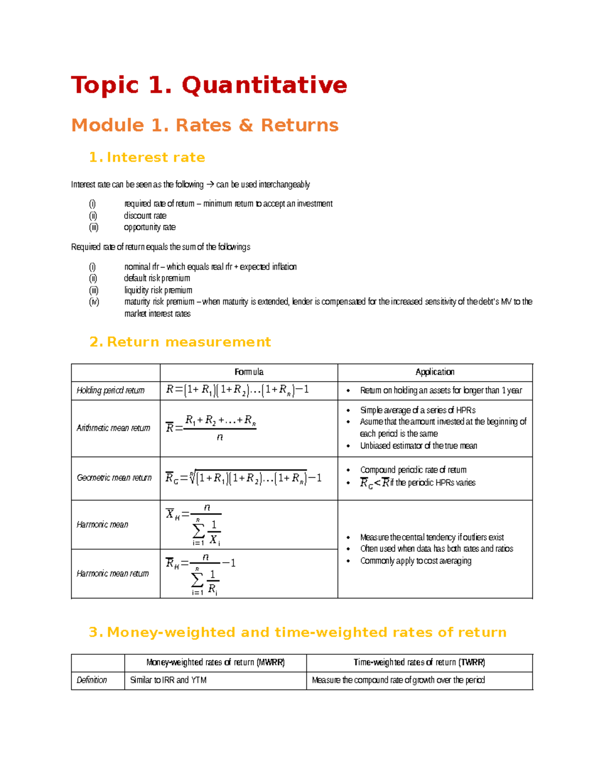 Quantitative Finance Notes: Rates, Returns, and Measurements - Studocu